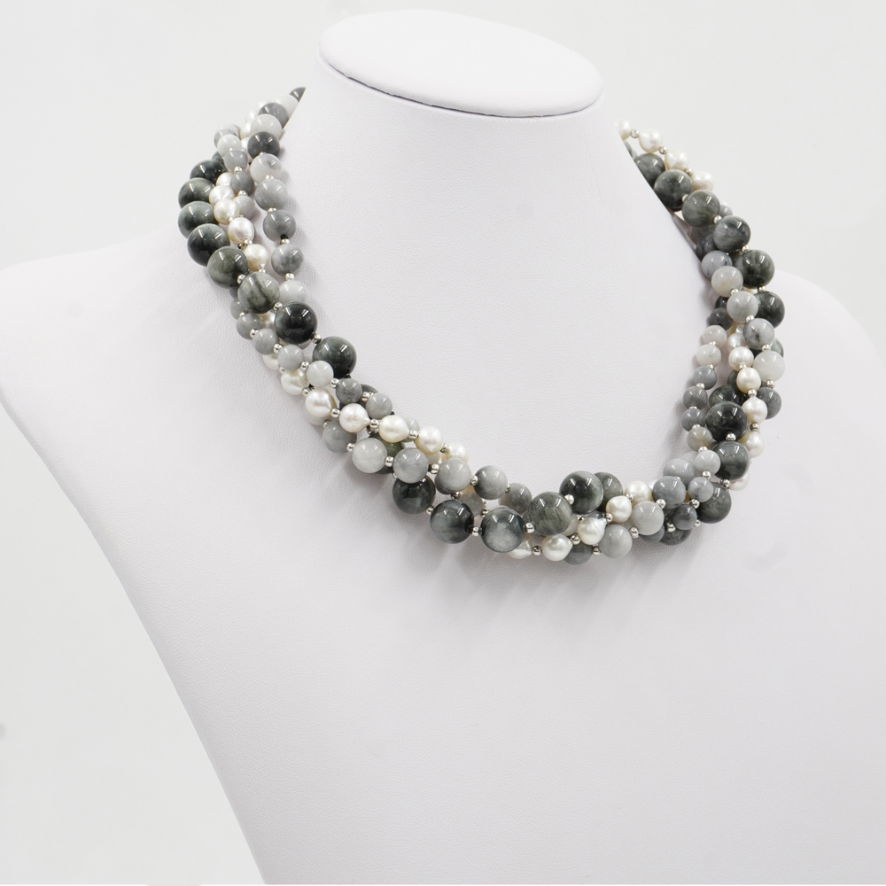 Collana Multifilo con occhio d'aquila, perla, chiusura in argento 925 ...