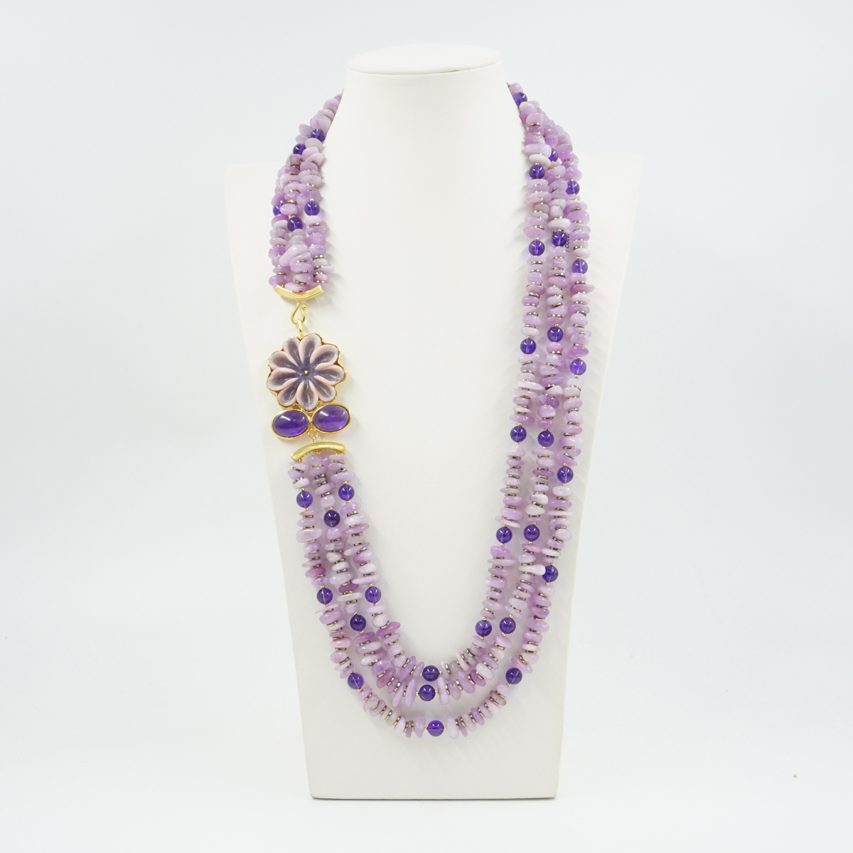 Collana Multifilo con Kunzite, ametista e chiusura in argento montata ...